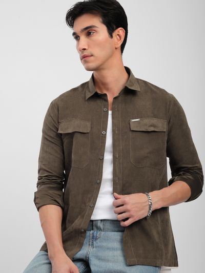 Buy Men's Brown Dual Pocketed Suede Shirt at Beyoung