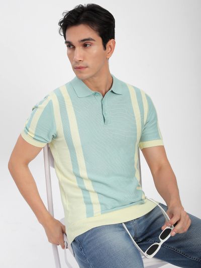Buy Men's Ice Blue Vertical Striped Flat Knit Polo T-shirt at Beyoung