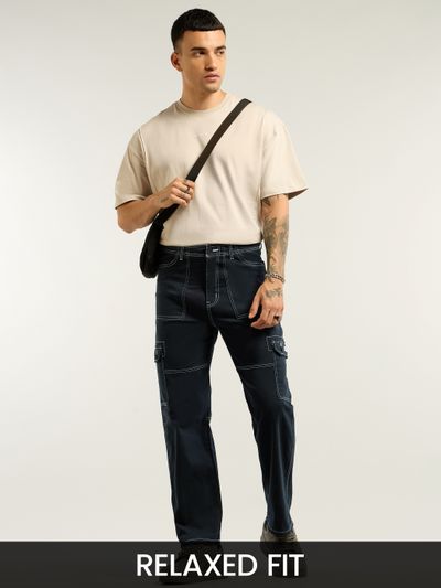 Buy Men's Navy Blue Contrast Stitched Cargo Pants @Beyoung