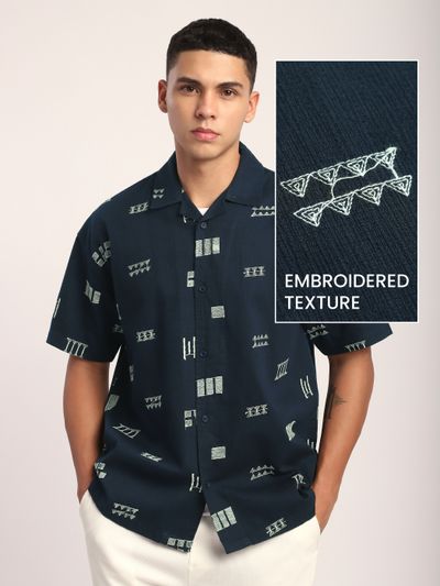 Buy Men's Navy Blue Geometric Embroidered Half Sleeve Shirt @Beyoung