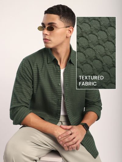 Buy Men's Olive Green Jacquard Round Textured Shirt @Beyoung