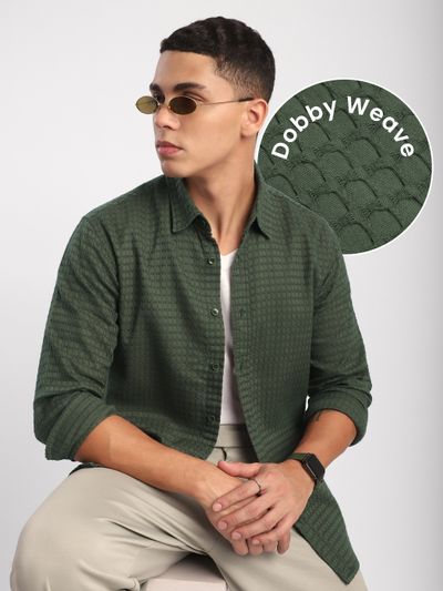 Buy Men's Olive Green Jacquard Round Textured Shirt @Beyoung