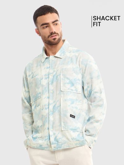 Buy Men's White and Sky Blue Shacket-Fit Shirt at Beyoung