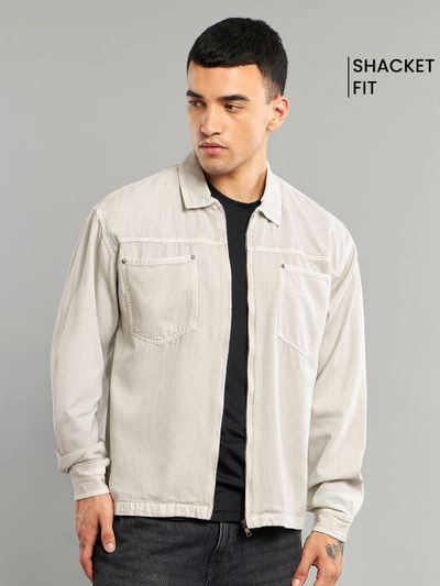 Buy Men's White Overdyed Zipper Shacket at Beyoung