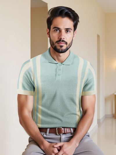 Buy Men's Ice Blue Vertical Striped Flat Knit Polo T-shirt at Beyoung