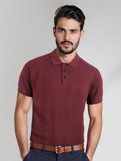 Buy Men's Maroon Line Textured Flat Knit Polo T-Shirt Online @Beyoung